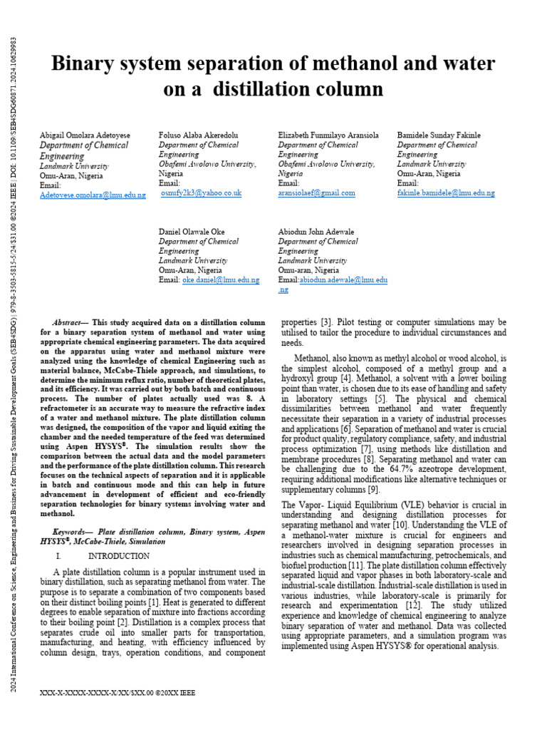 Binary System Separation of Methanol and Water On A Distillation Column | PDF | Distillation ...