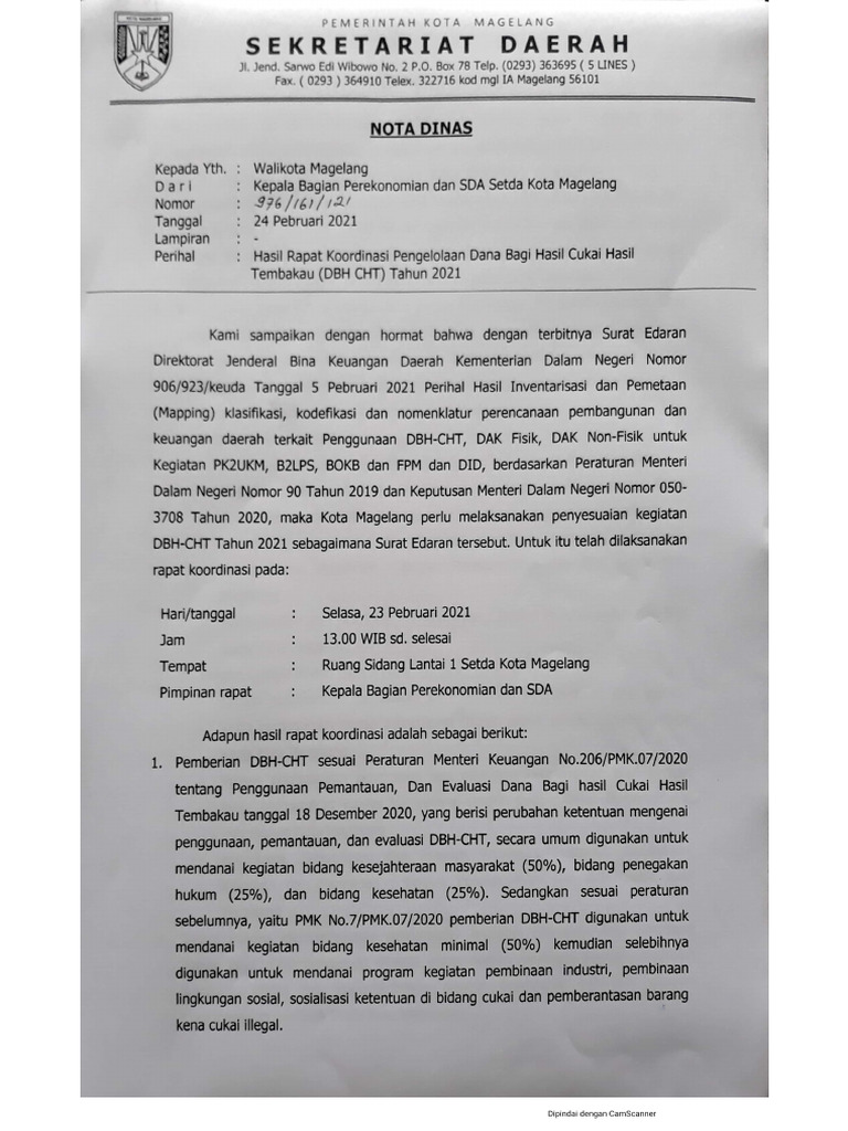 Nota Dinas HSL Rakor DBHCHT | PDF