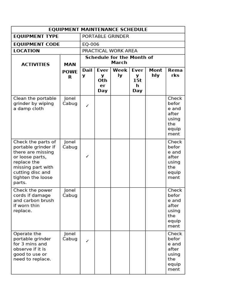 Equipement Maintenace Schedule | PDF