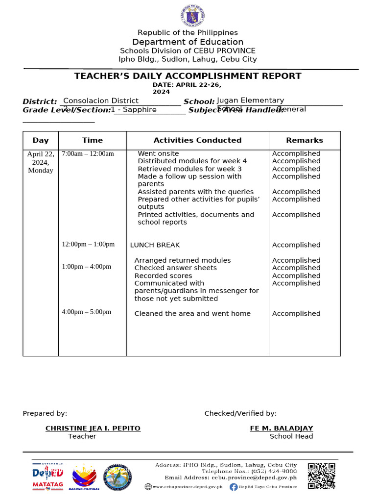 WFH-Teacher's Daily Accomplishment Report-4th | PDF | Learning