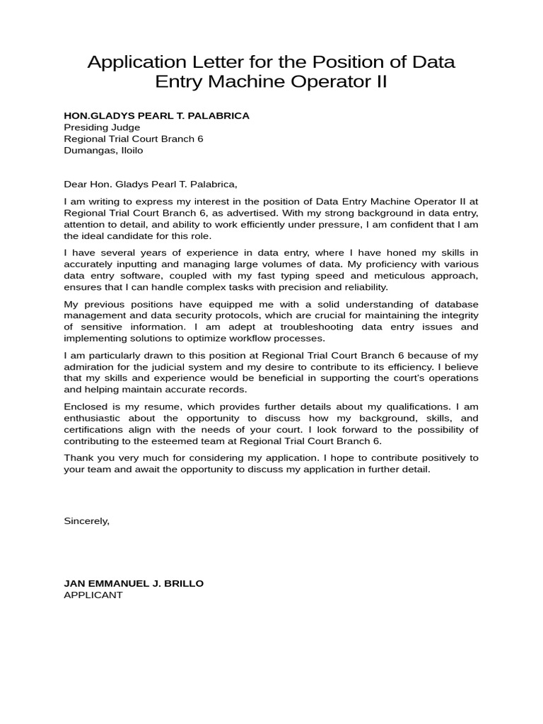Application Letter For The Position of Data Entry Machine Operator II | PDF