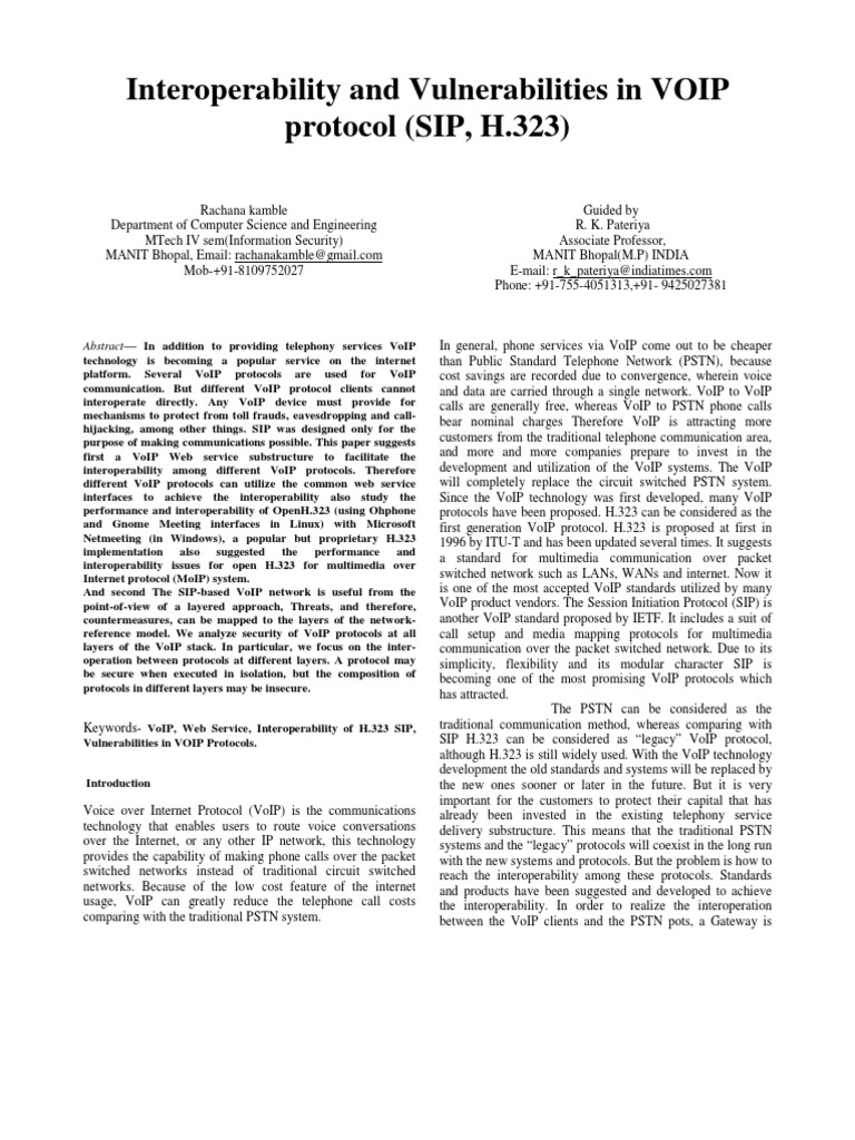 Interoperability and Vulnerabilities in VOIP Protocol (SIP, H.323) | PDF | Session Initiation ...