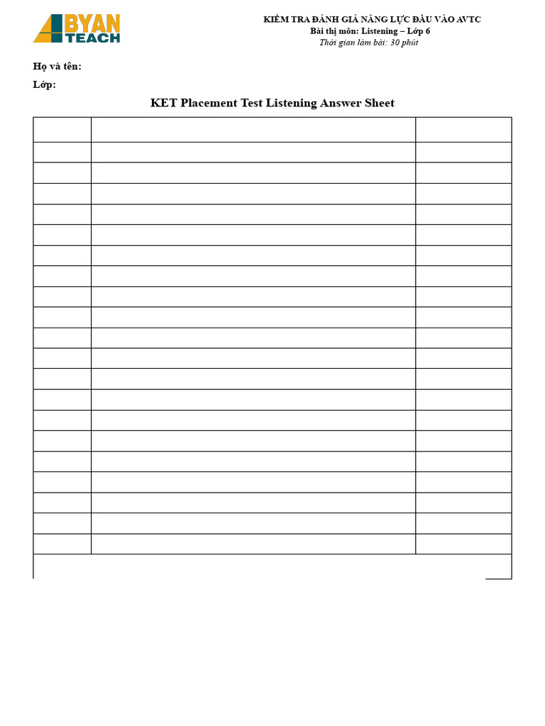 Nguyen Khuyen - KET - Placement Test - Listening - Answer Sheet | PDF