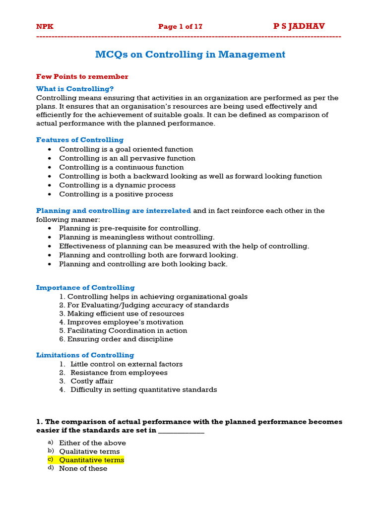 MCQs on Management Controlling Functions | PDF | Accuracy And Precision ...