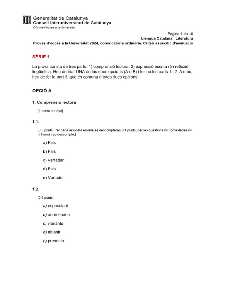 Examen de Llengua Catalana Juny 2024 | PDF