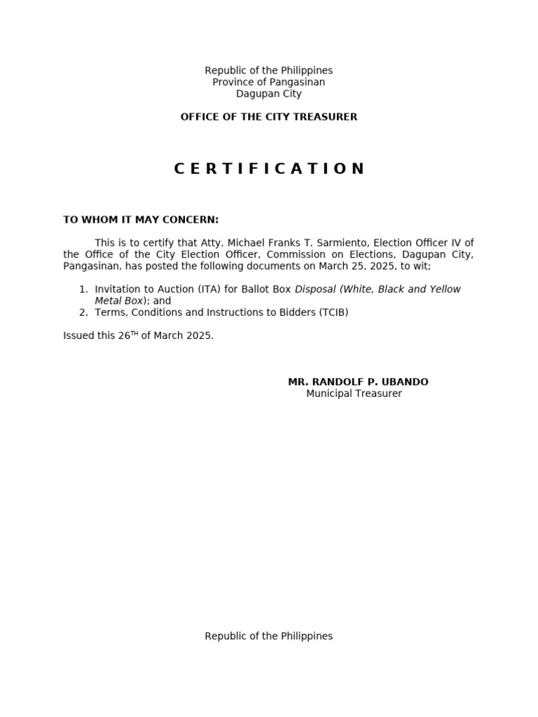 CERTIFICATION FOR POSTING ITB | PDF | Philippines | Government