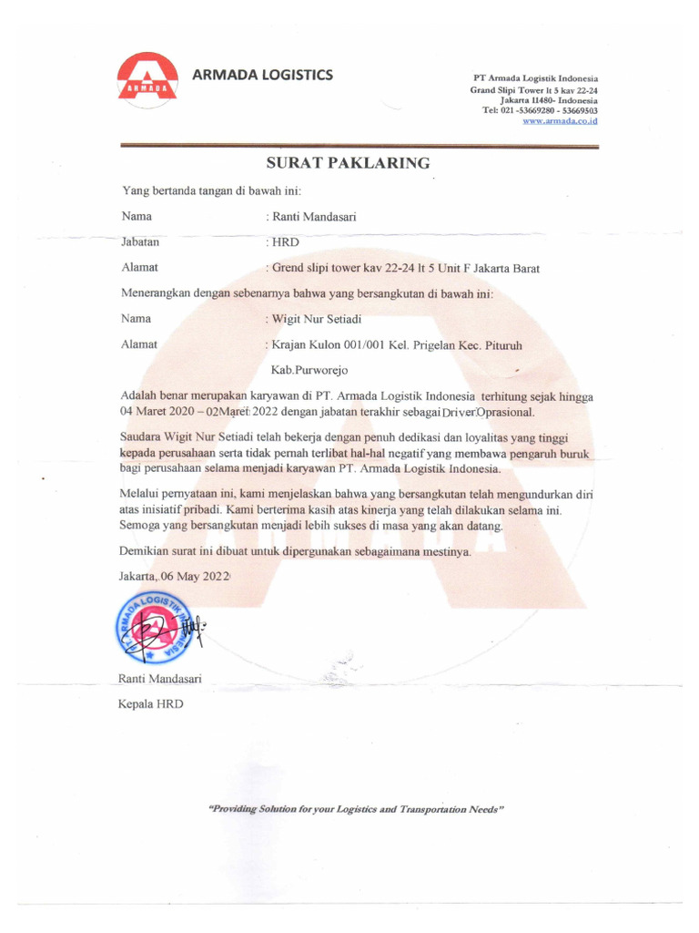 Paklaring kerja armada | PDF