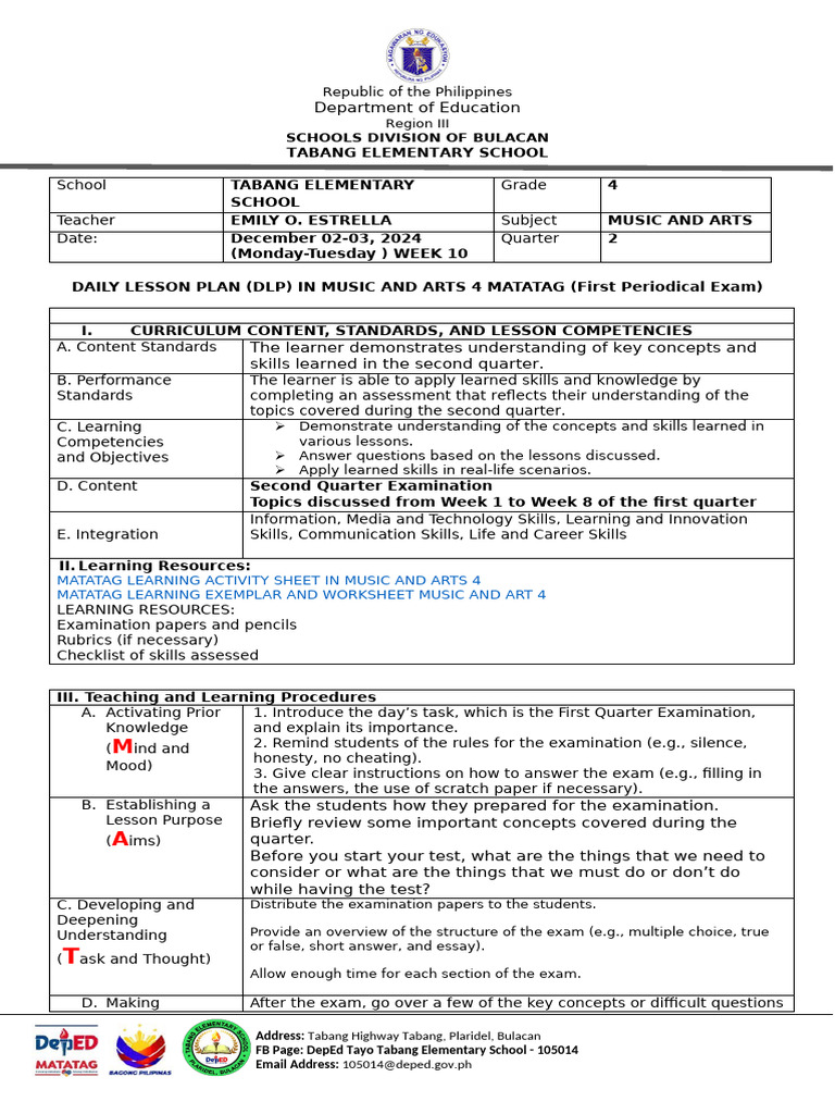 Grade 4 Music and Arts Lesson Plan | PDF | Composition (Visual Arts ...