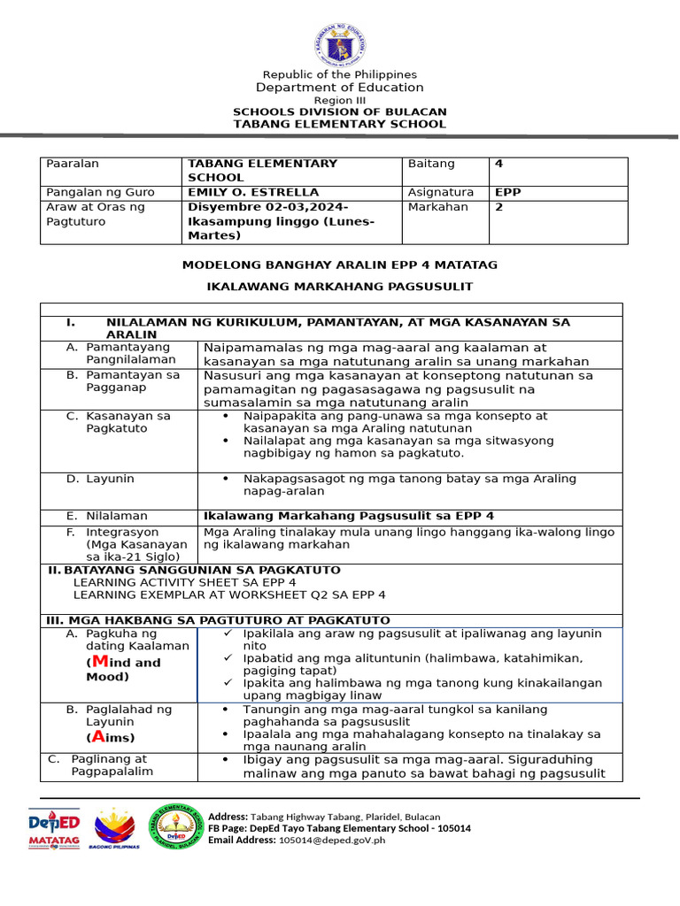 Q2 WEEK 10 and Q3 WEEK 1 DLP MATATAG EPP HE GRADE 4 | PDF