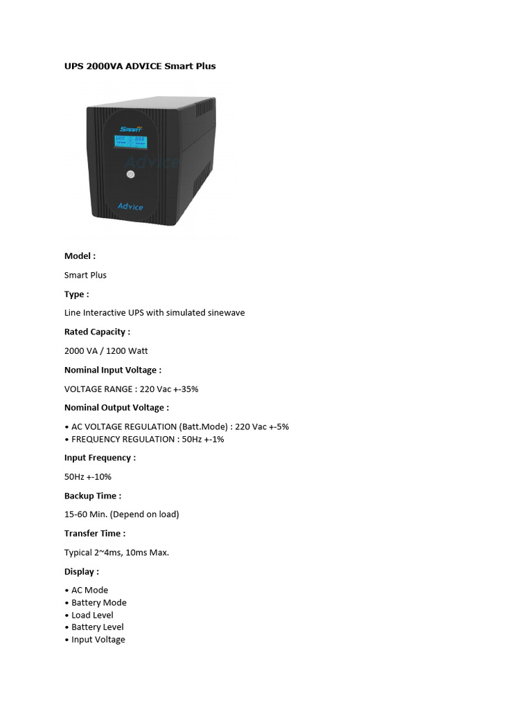 UPS 2000VA ADVICE Smart Plus | PDF