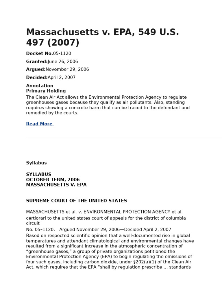 Massachusetts v. EPA, 549 U.S. 497 (2007) | PDF | Clean Air Act (United ...