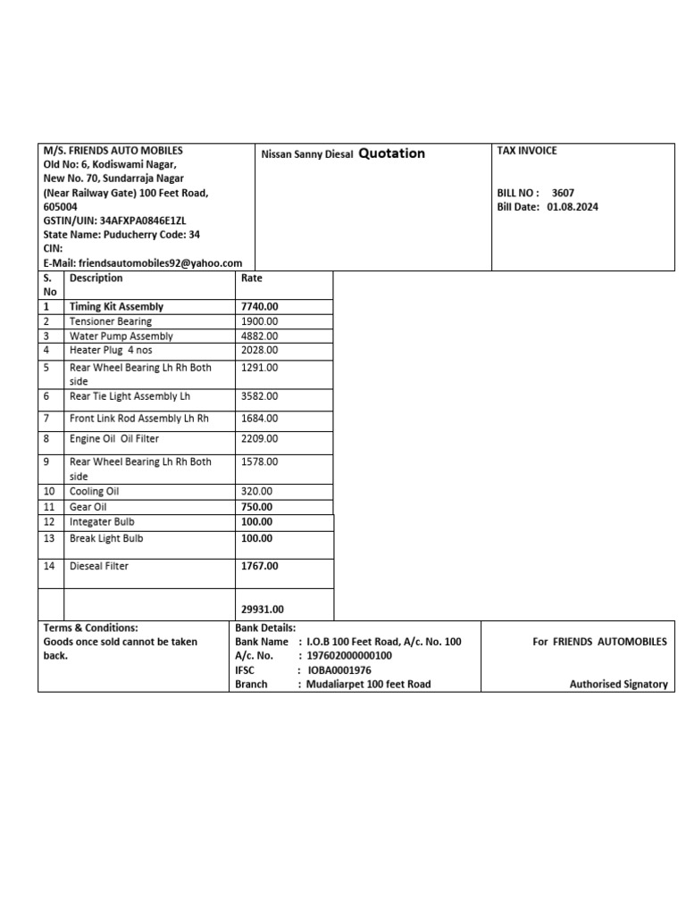 Nissan Diesel Parts Quotation Invoice | PDF