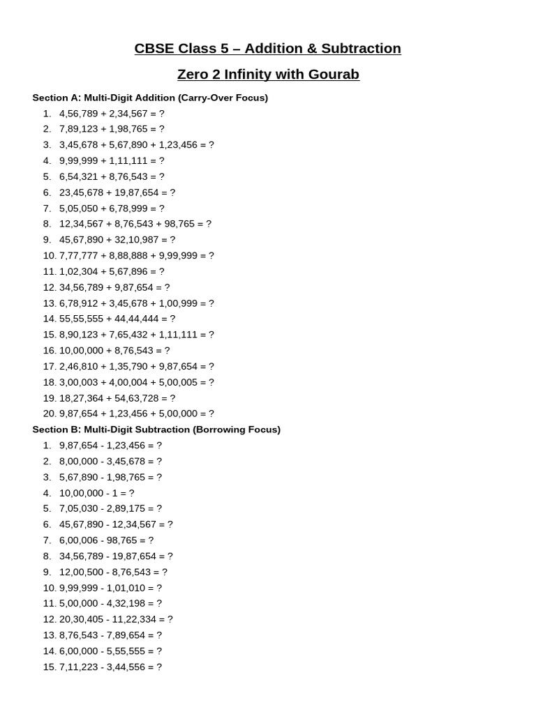 Cbse Class 5 Addition and Subtraction Worksheet | PDF | Voting | Elections