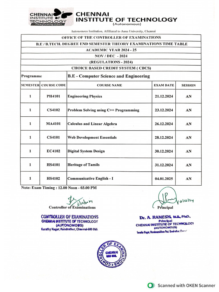 R 2024 First Year Time Table | PDF