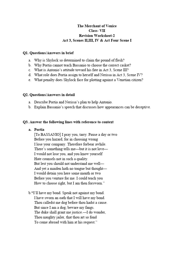 The Merchant of Venice - Revision Worksheet 2 | PDF