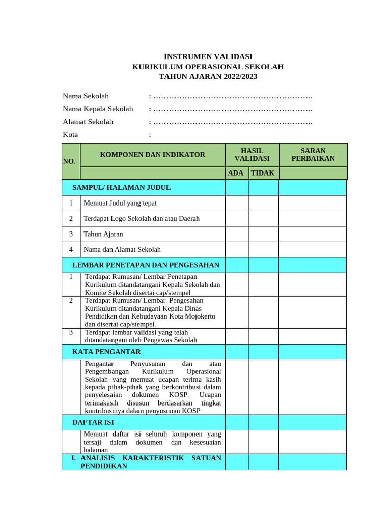 INSTRUMEN VALIDASI KOSP 2022 -Revisi | PDF