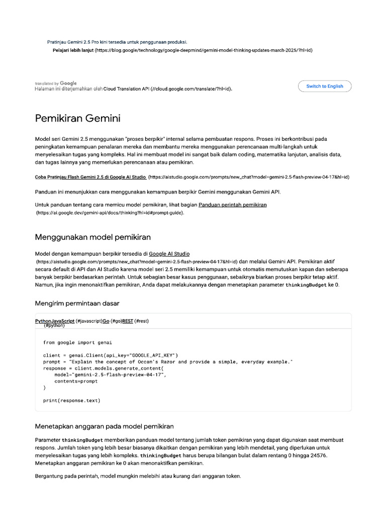 Pemikiran Gemini - Gemini API - Google AI For Developers | PDF