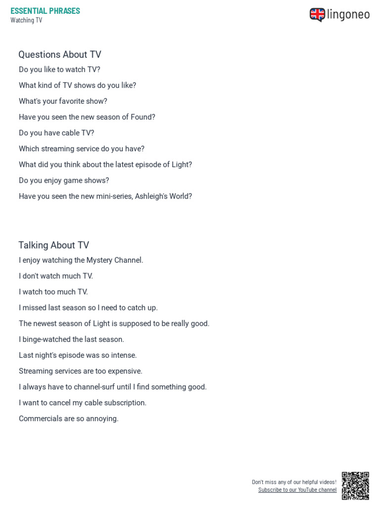 Watching TV - Phrases List | PDF