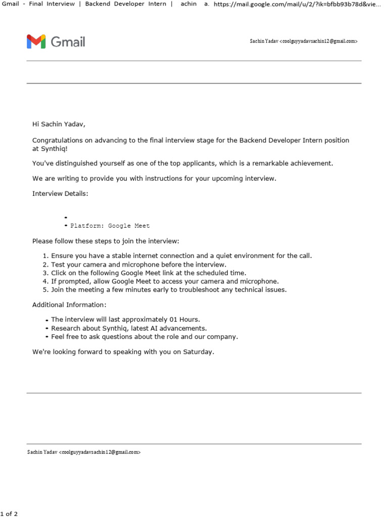 21 Gmail - Final Interview - Backend Developer Intern | PDF