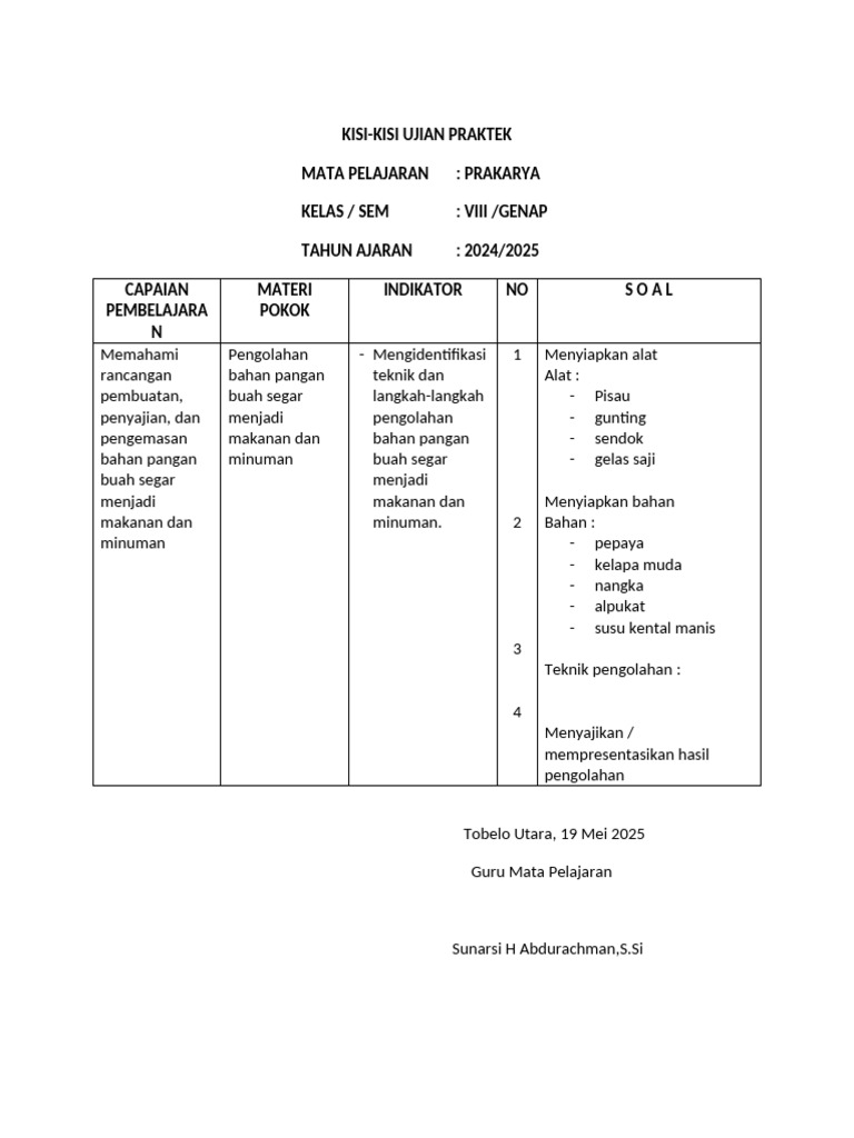 Kisi Kisi Ujian Praktek Prakarya Kelas 8 Semester Genap 2025 | PDF