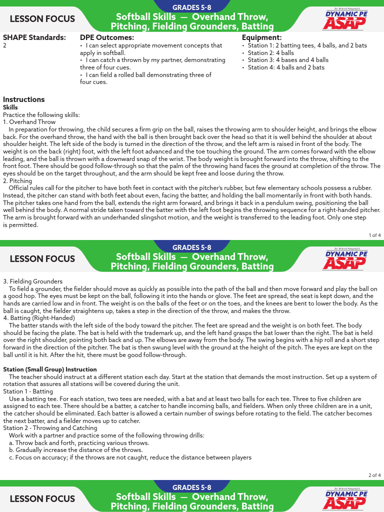 DynamicPE ASAP 5-8 LessonFocus Lesson 35 Softball Skills - Overhand ...