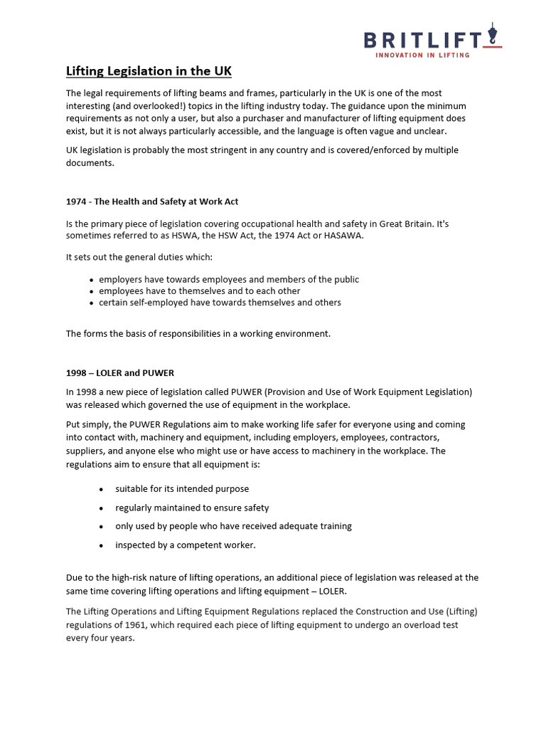 UK Lifting Regulations Overview | PDF | Safety