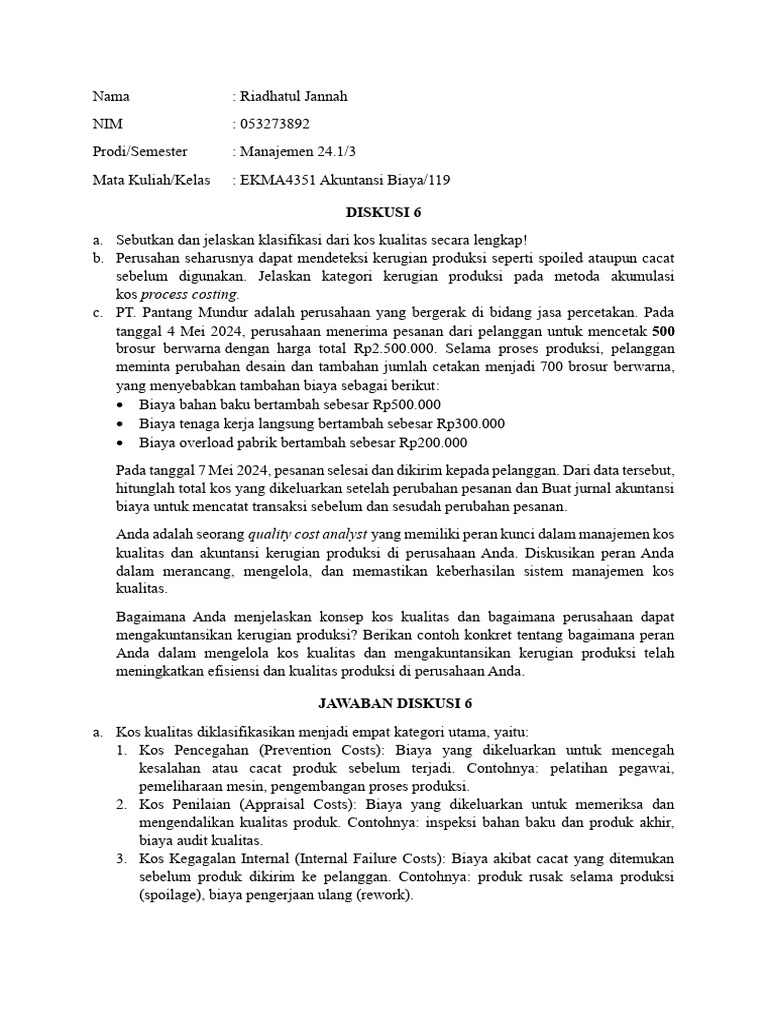 UT TUTON Semester 3 Diskusi 6 Akuntansi Biaya | PDF