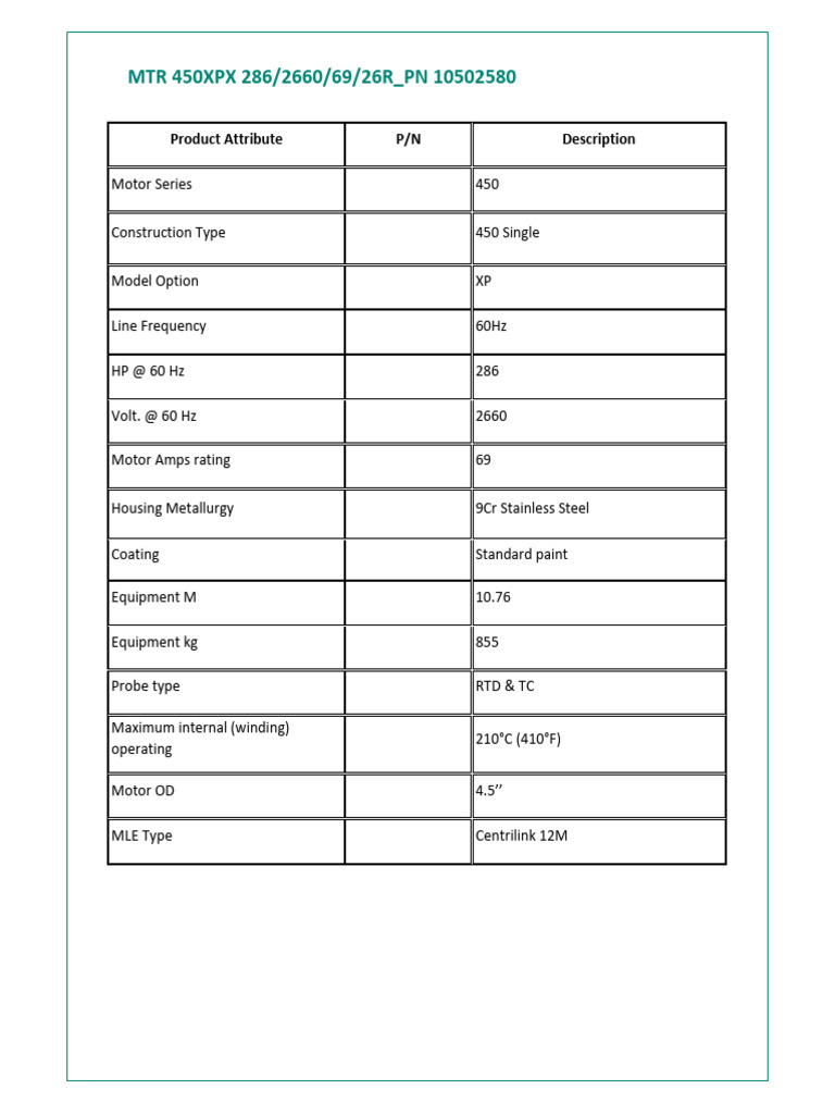 MTR 450XPX Motor Specs & Attributes | PDF