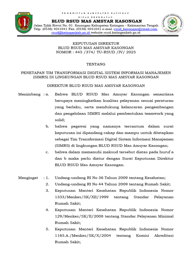 SK Tim Transformasi Digital Sistem Informasi Manajemen (Simrs) | PDF