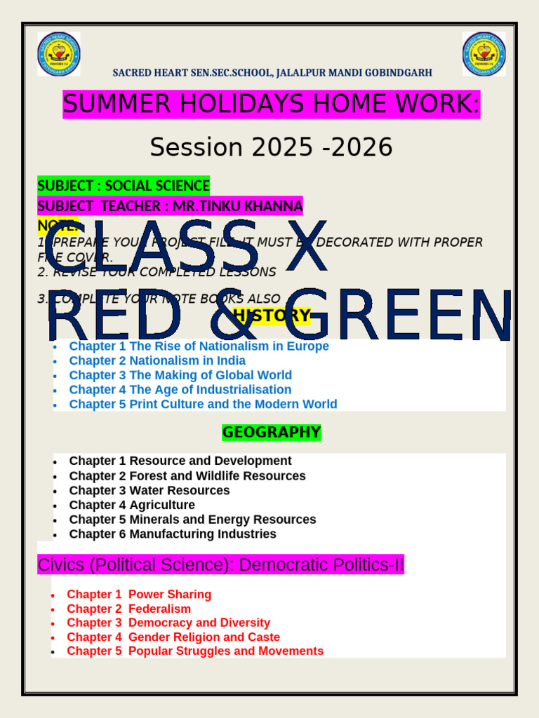Holidays Home Work Class X SST 2025-26 | PDF