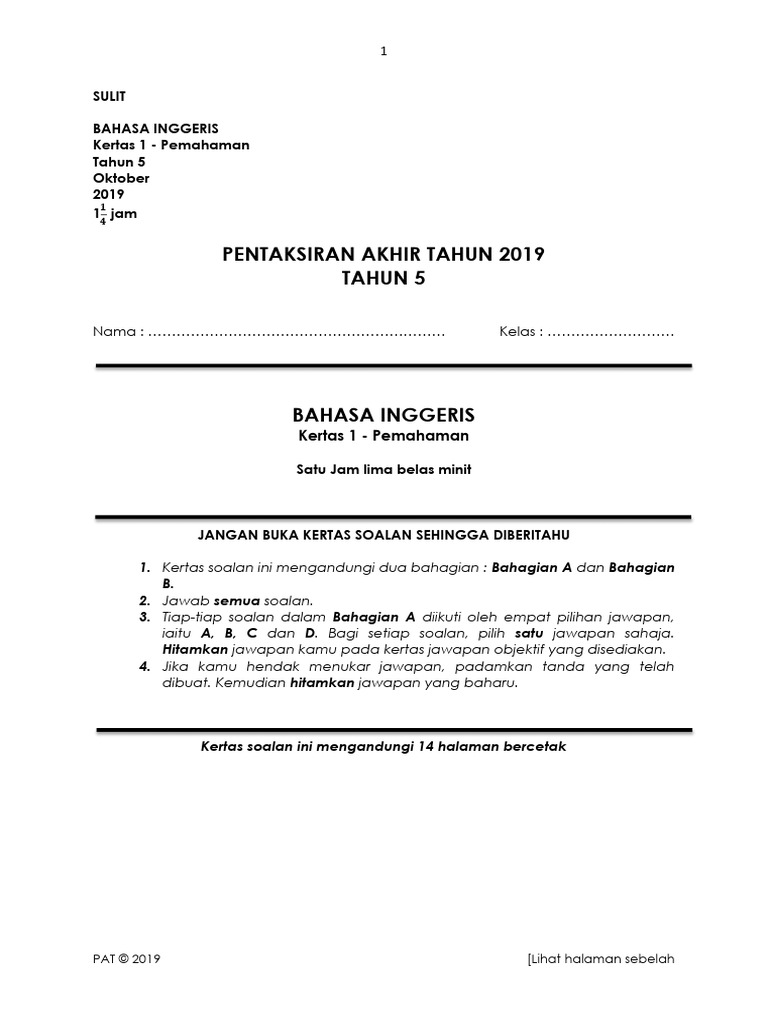 Soalan PAT 2019 - BI T5 K1 | PDF