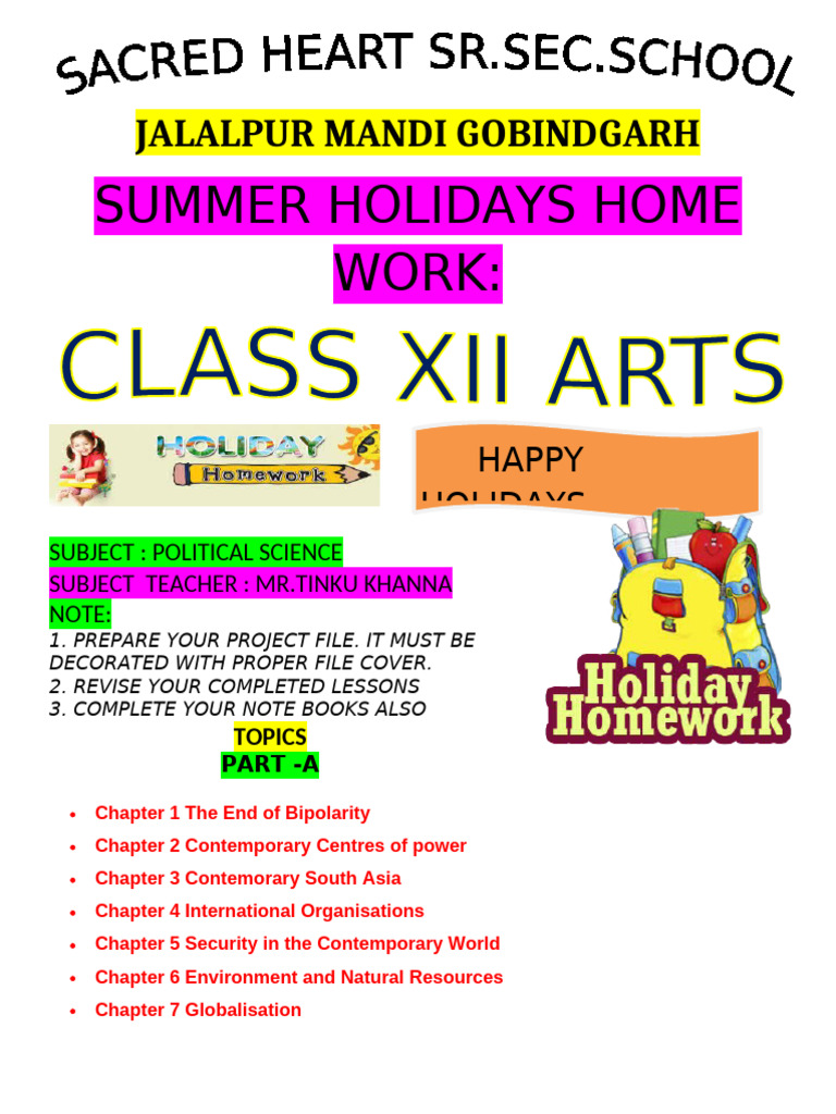 Sacred Heart Sr. Sec School Summer Holidays 2025-26 Class Xii Arts | PDF
