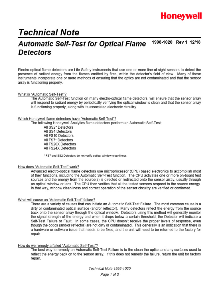 Fs 1020 Automatic Self Test For Optical Flame Detectors | PDF | Sensor