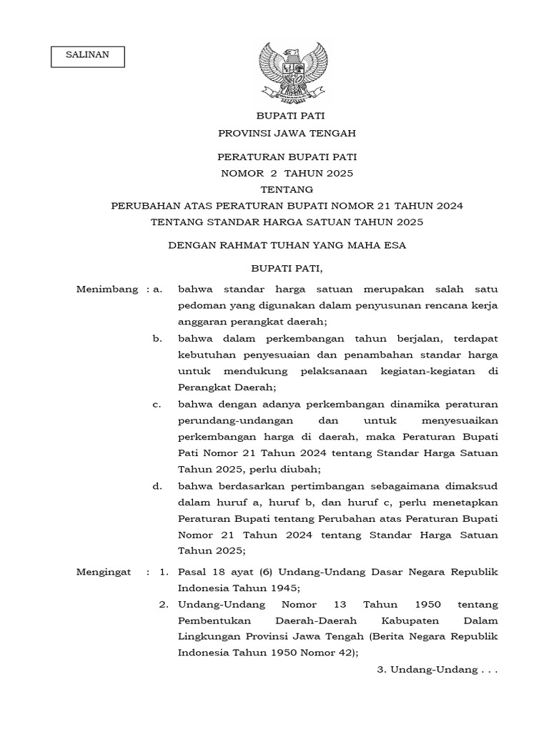 2 - Perbup - No - 2 - Tahun - 2025 - Tentang - Perubahan Atas - Standar - Harga - Satuan - Tahun ...
