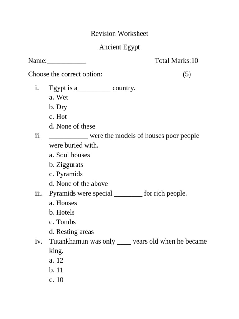 Ancient Egypt Revision Worksheet | PDF