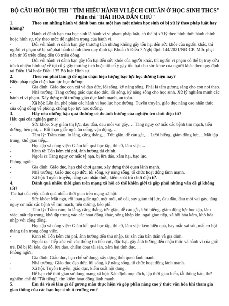 BỘ CÂU HỎI HỘI THI TÌM HIỂU HÀNH VI LỆCH CHUẨN Ở HỌC SINH THCS | PDF