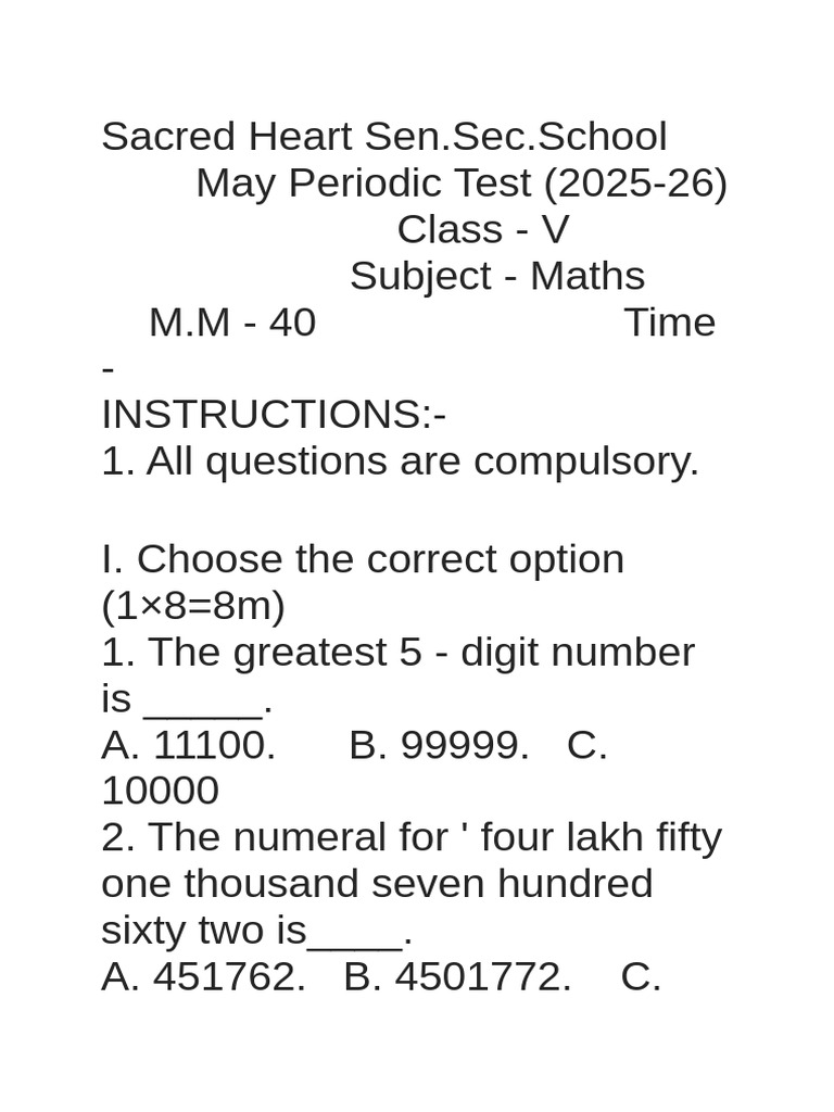 Class 5 Maths Paper - 250504 - 094114 | PDF