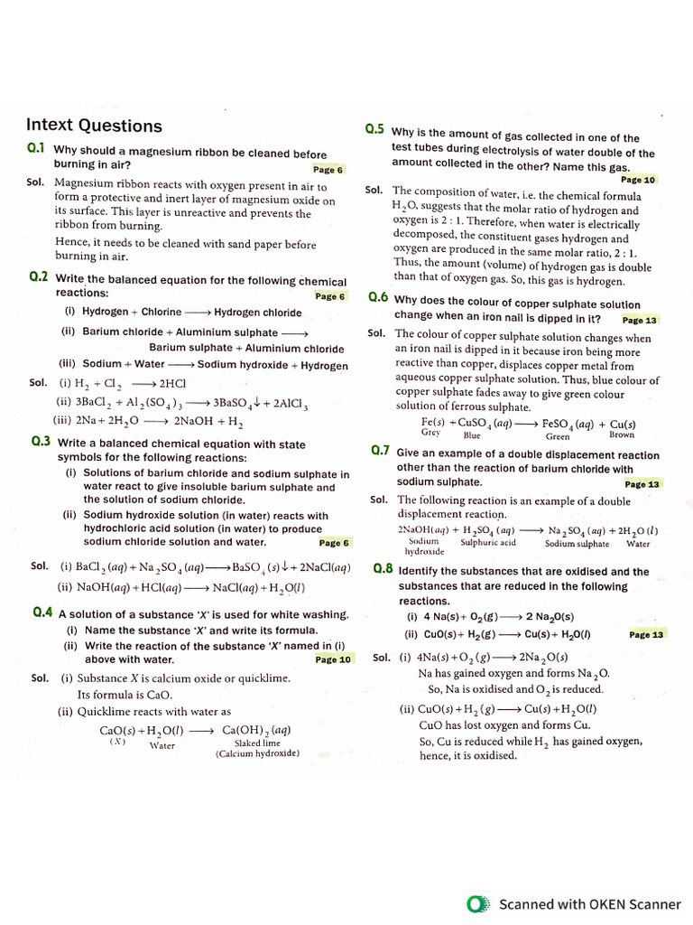 Chemical Reactions and Equations QA | PDF