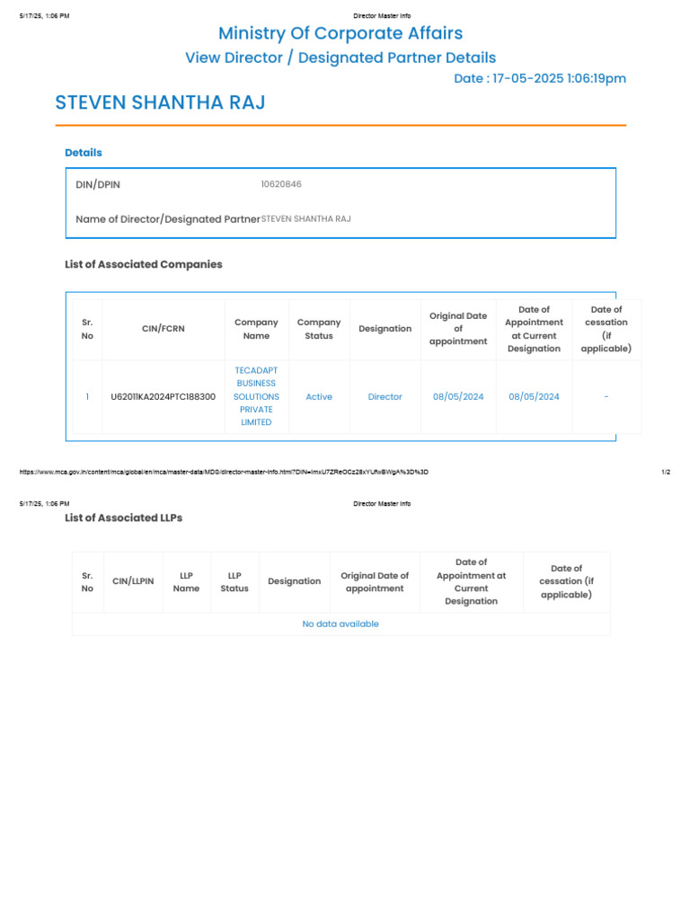Director Master Data for Steven Raj | PDF | Legal Concepts | Corporations