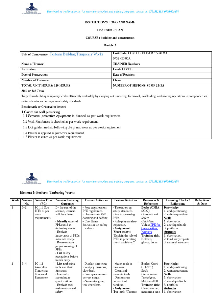 Building Temporary Works Learning Plan | PDF | Personal Protective ...