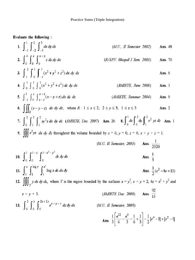 Practice sums (Triple Integration) | PDF