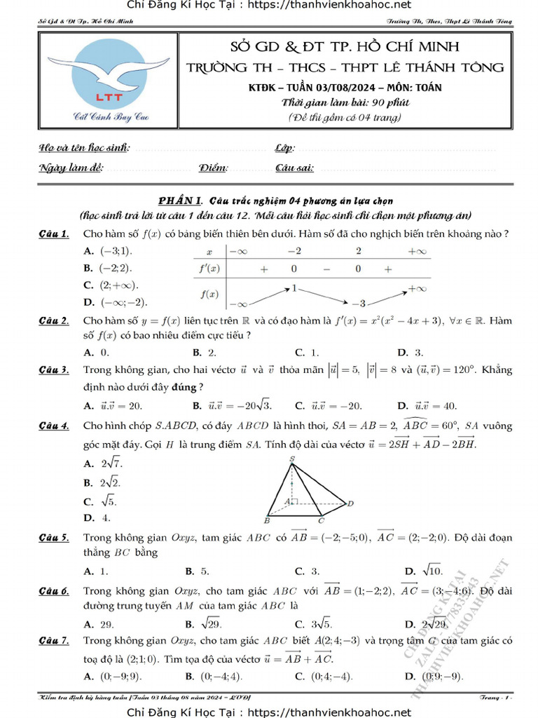 KC1 - Đề Kiểm Tra Định Kì Toán 12 ... 8 - THPT Lê Thánh Tông - HCM | PDF