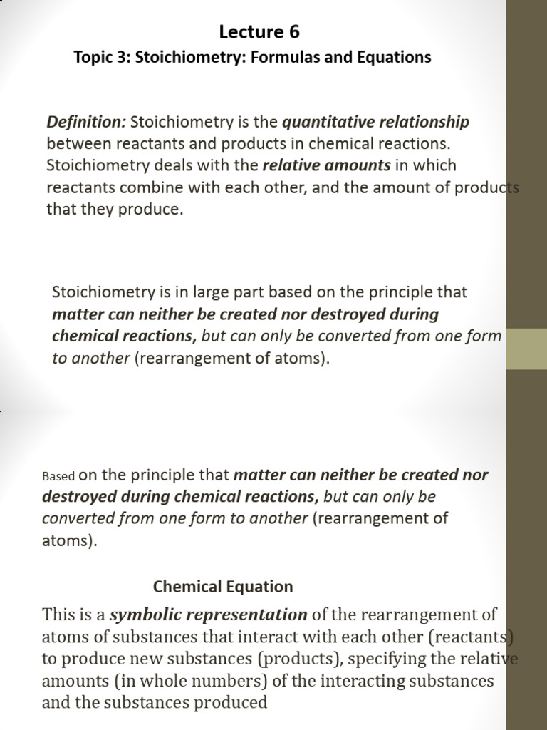 Lecture 6-Topic 3, Stoichiometry | PDF | Stoichiometry | Physical Sciences