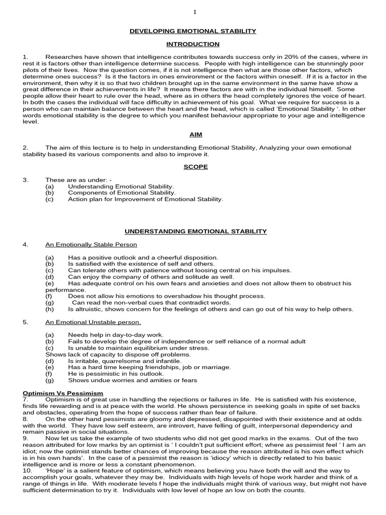 Developing Emotional Stability | PDF | Motivational | Motivation