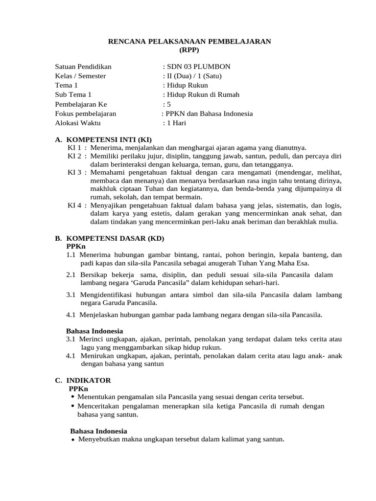 RPP PPKN Kelas 2 Tema 1 Subtema 1 | PDF