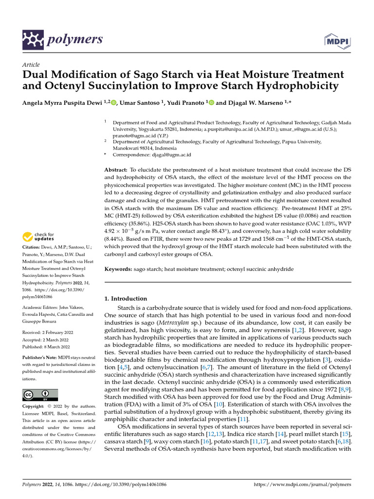 Dewi Et Al (2022) - Dual Modification of Sago Starch via Heat Moisture Treatment and Octenyl ...