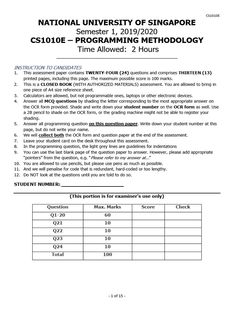 CS1010E - Final1920s1 Sample Solution | PDF | Multiple Choice | Function (Mathematics)