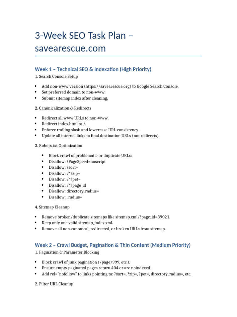 3-Week SEO Task Plan SaveARescue-1 | PDF | Search Engine Optimization ...