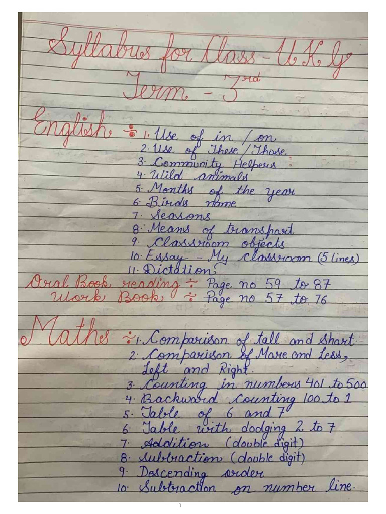Syllabus For Class UKG Term 3rd Term | PDF