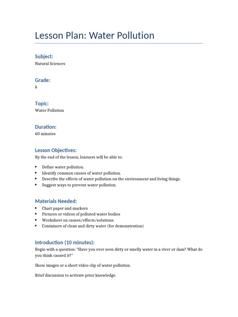 Lesson Plan Water Pollution Grade6 | PDF